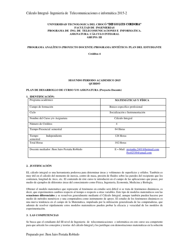 Programacion de Calculo Integral - Ing. T.C.I | PDF | Integral | Cálculo