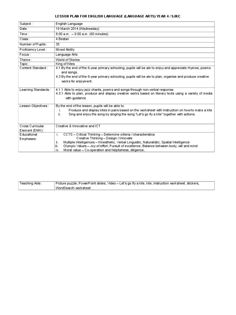Lga Lesson Plan | PDF | Kite | Lesson Plan