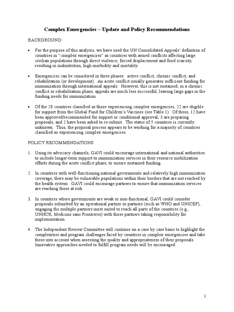 Complex Emergencies - Update and Policy Recommendations | PDF | Non ...