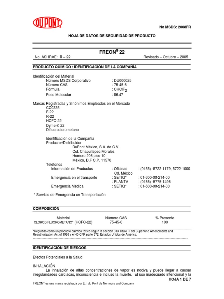 Msds Gas Refrigerante r22 Dupont | Cáncer | Agua