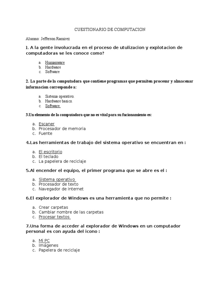Cuestionario de Computacion Básica | Sistema operativo | Internet