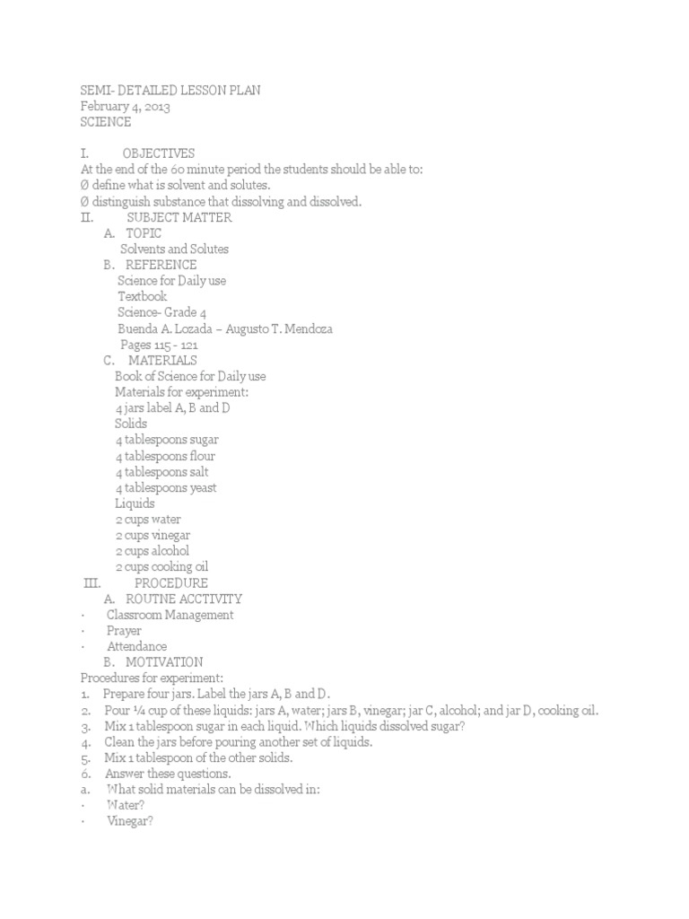 Solvents and Solutes Lesson Plan | PDF | Solution | Solvent