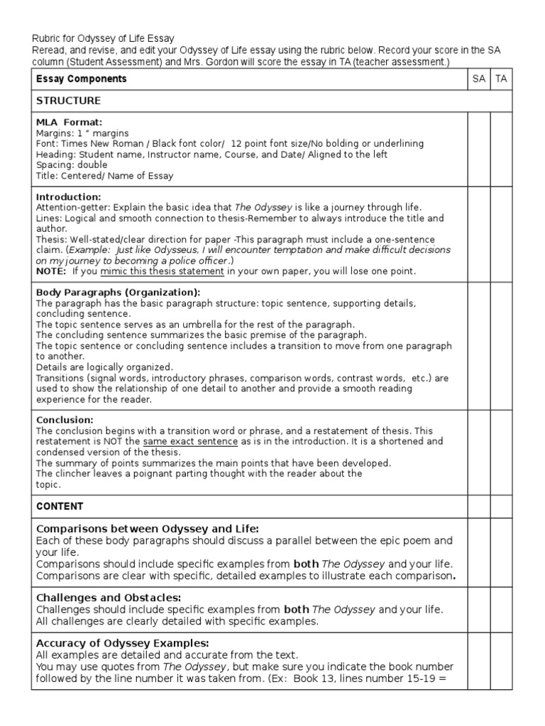 Rubric For Odyssey of Life Essay | PDF | Grammatical Number | Language ...