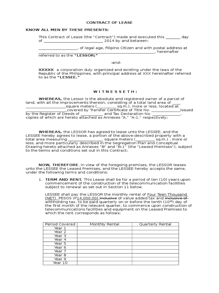 Contract of Lease - template | Lease | Renting