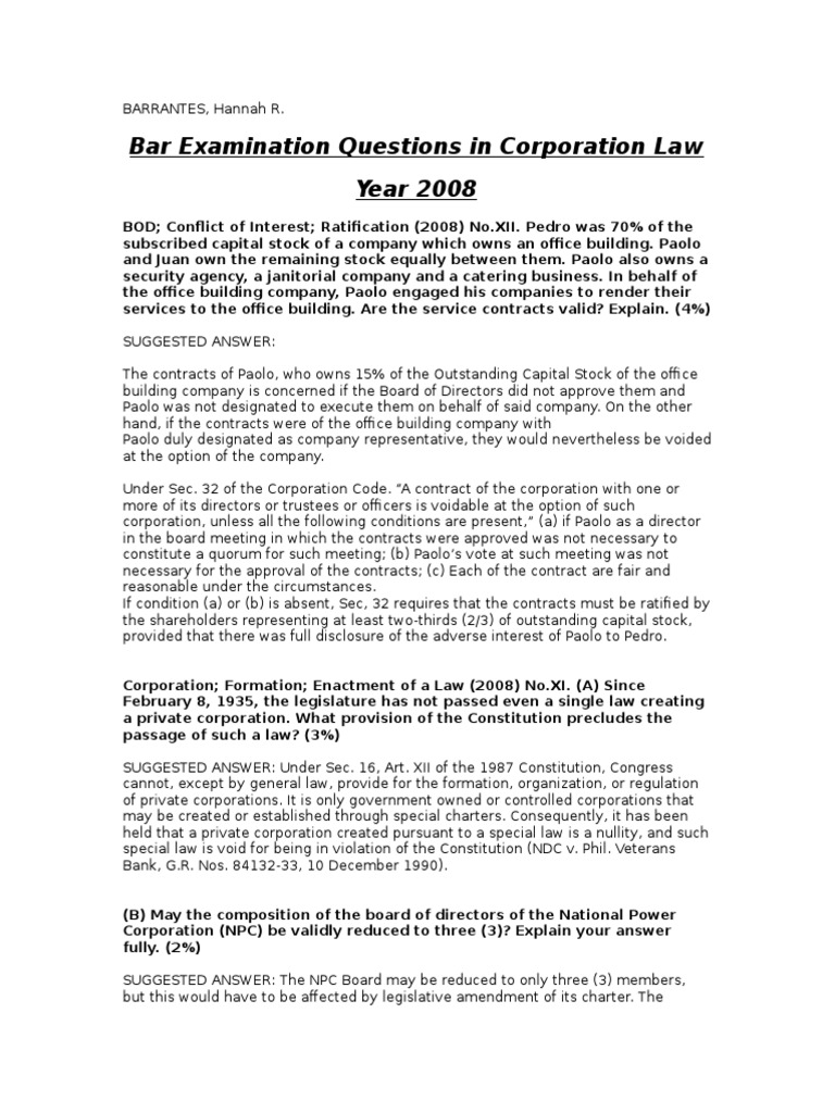 Bar Examination Questions in Corporation Law Year 2008 | PDF | Dividend ...