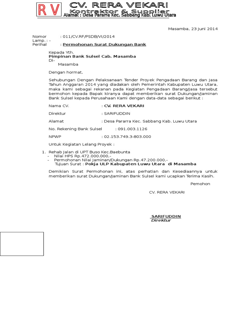 Surat Permohonan Duk - Bank CV - Rera Vekari | PDF | Pengelolaan Keuangan & Uang
