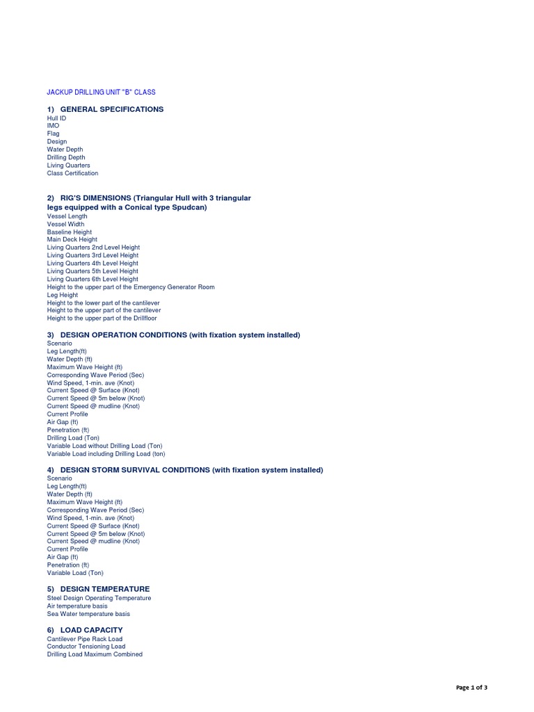 Jack Up Drilling Rig Specifications Summary | PDF | Drilling Rig ...