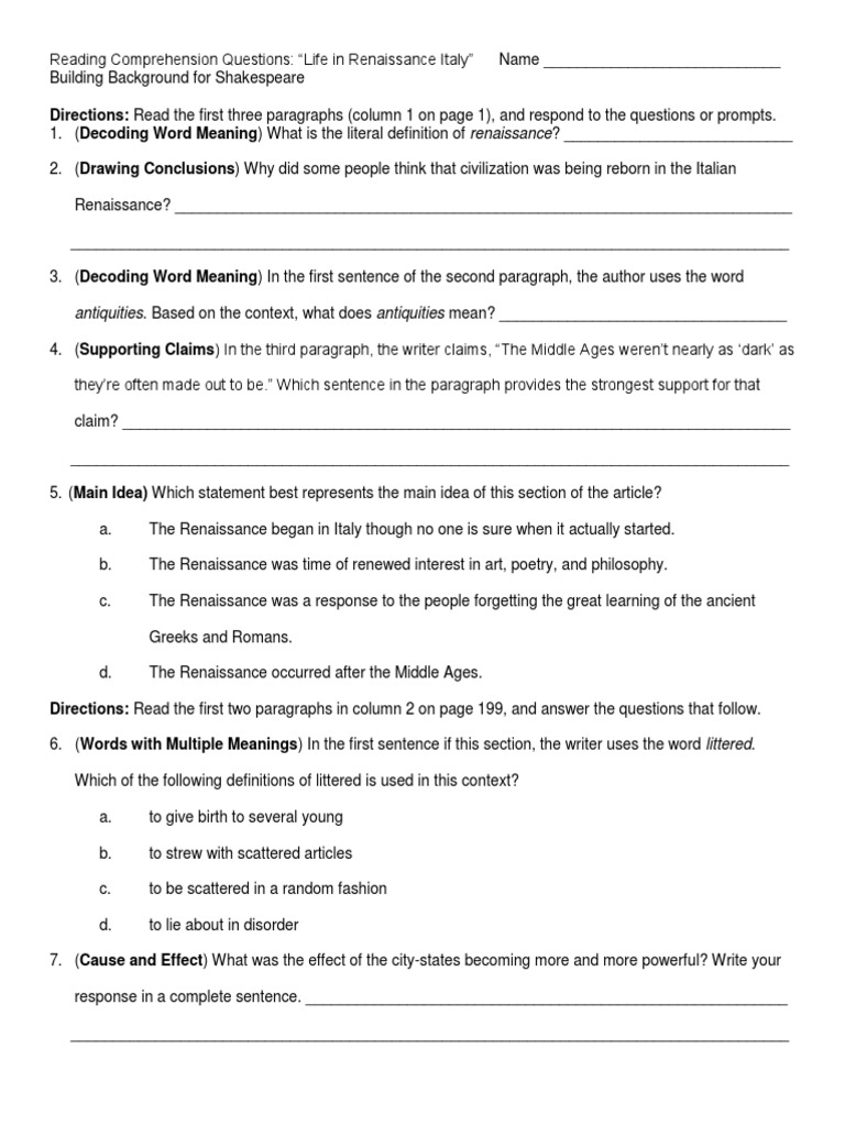 Reading Comprehension Questions - Life in Renaissance Italy | PDF ...