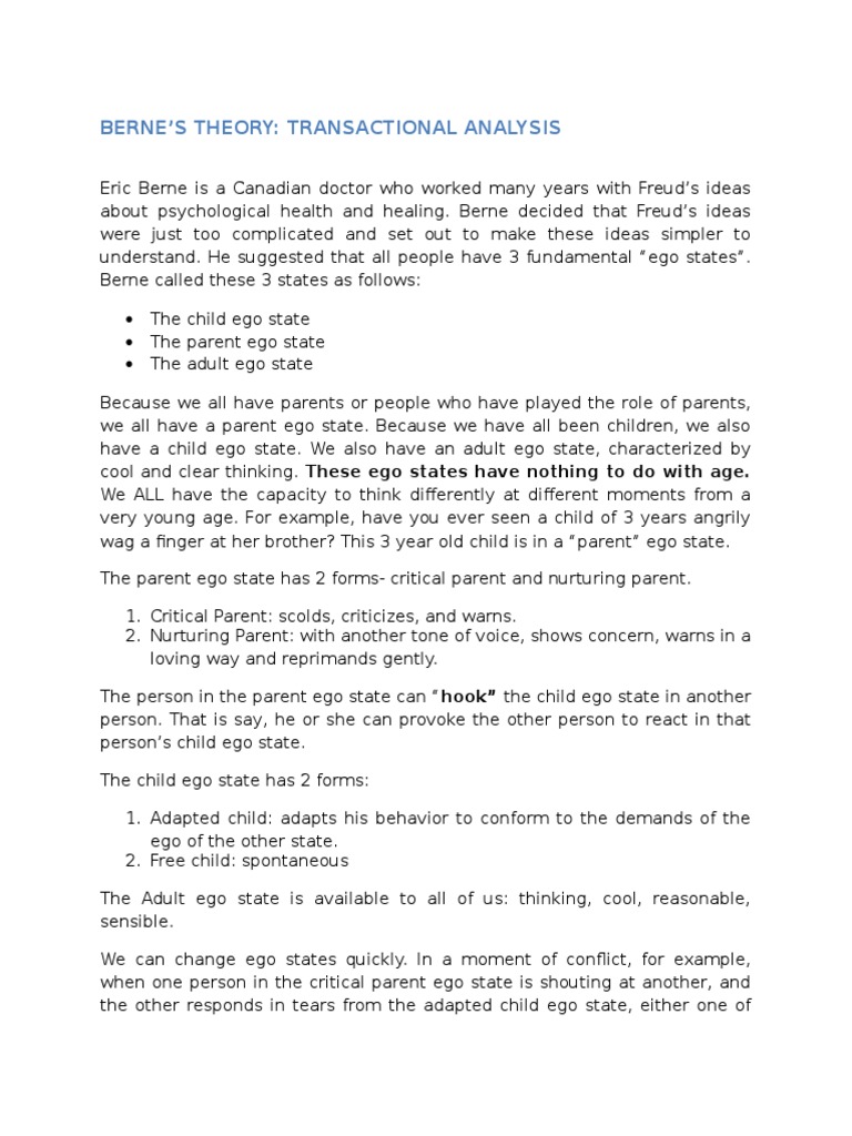 Berne'S Theory: Transactional Analysis | PDF