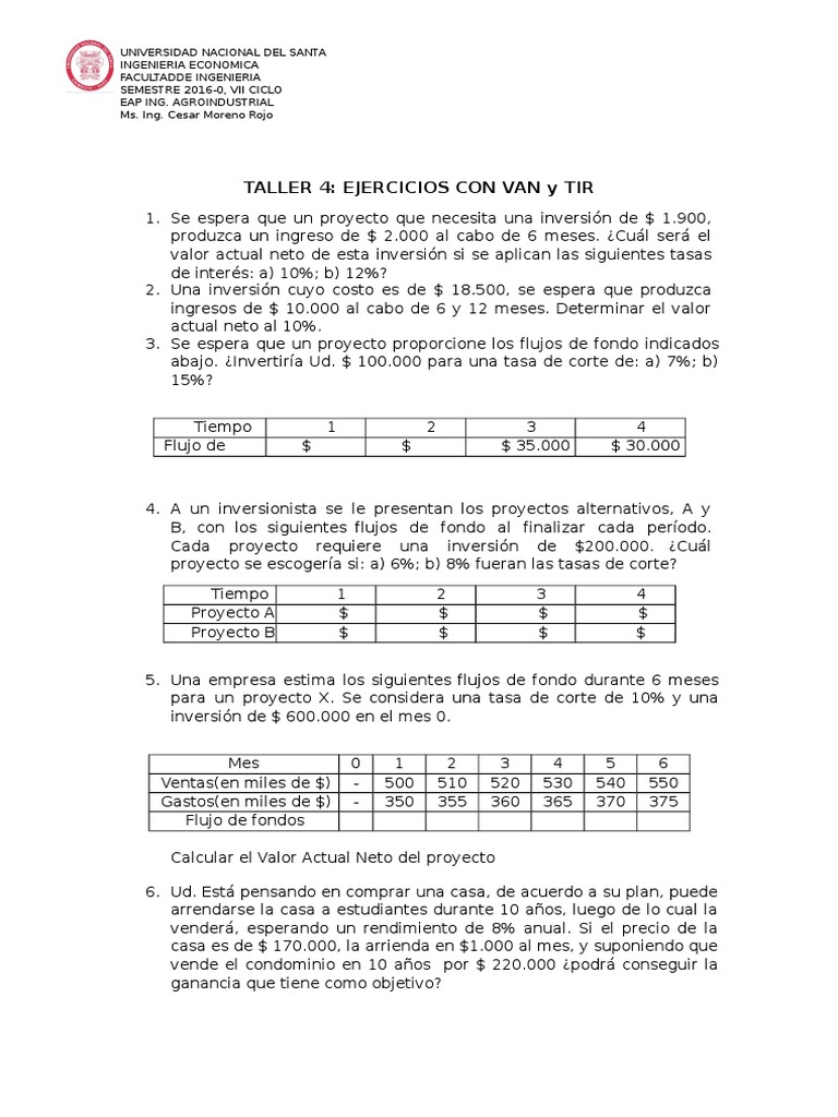 TALLER 4-Van Tir | PDF | Valor presente neto | Economias