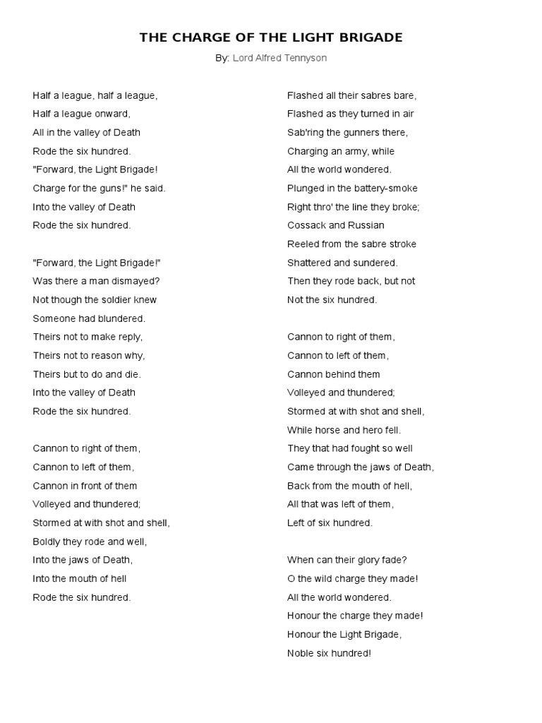 The Charge of The Light Brigade: Lord Alfred Tennyson | PDF