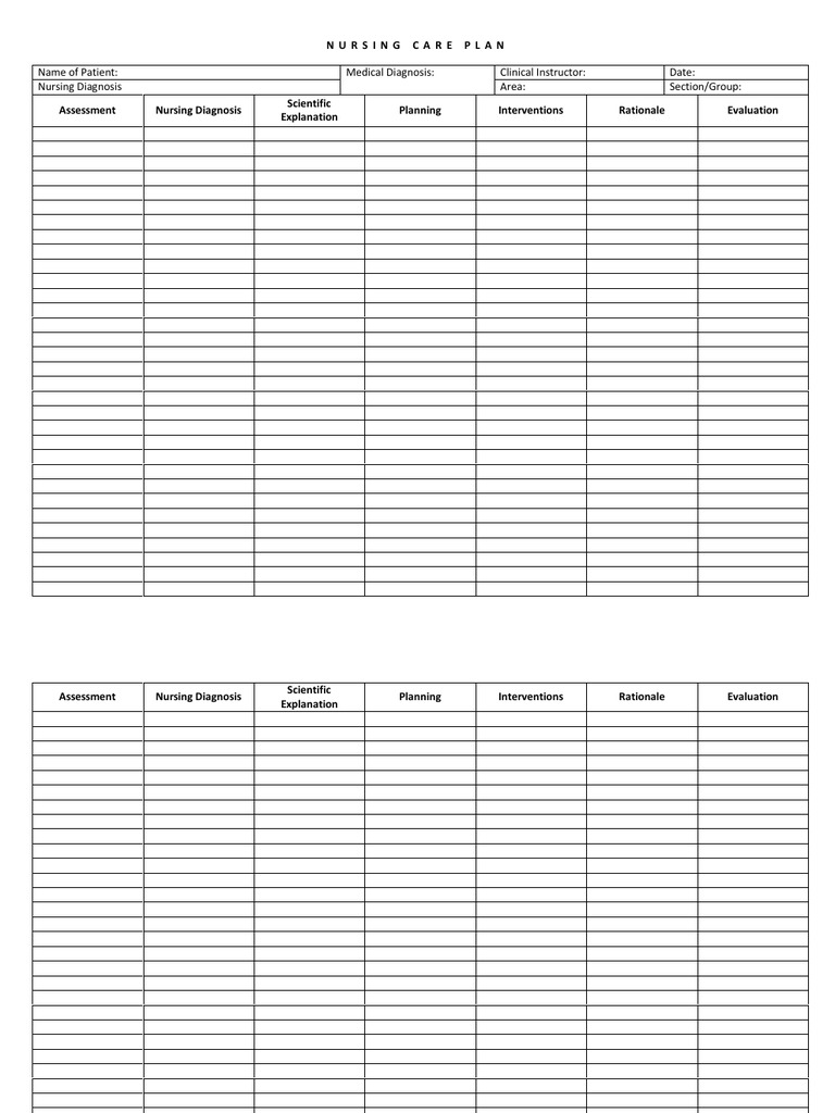 Free Printable Blank Nursing Care Plan