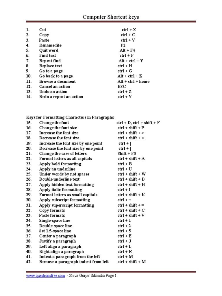 Computer Shortcut Key | PDF | Control Key | Keyboard Shortcut