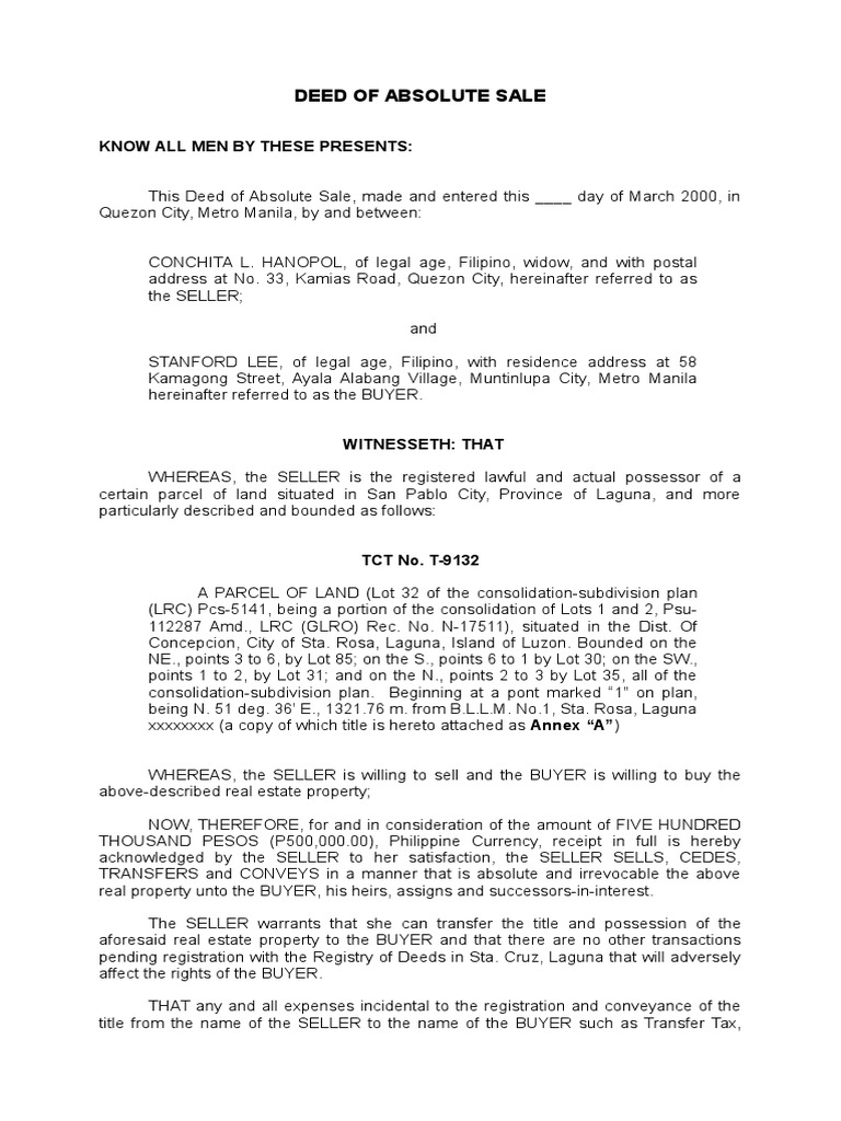 Deed Of Absolute Sale Of Registered Land Sample - Templates Sample ... Deed Of Absolute Sale Of Registered Land Sample - Templates Sample ...
