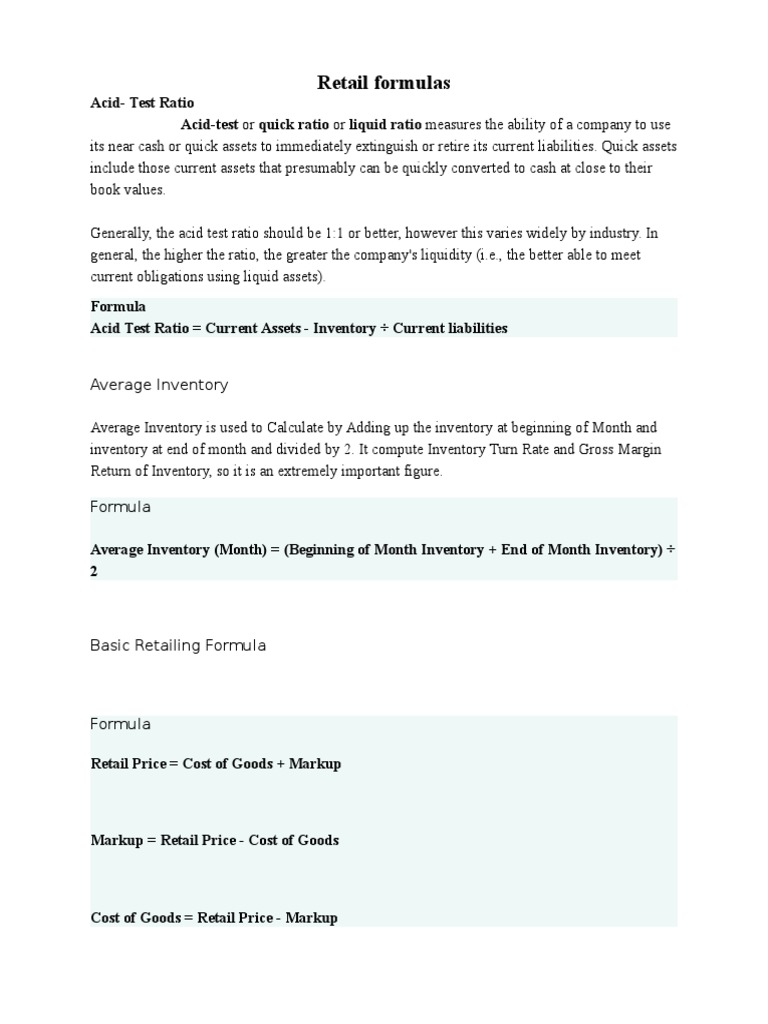 Retail Formulas | PDF | Gross Margin | Cost Of Goods Sold