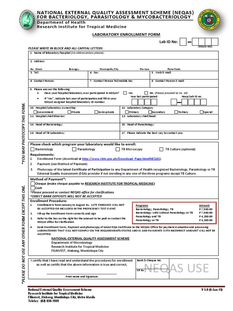 NEQAS Enrollment Form V5.0 | PDF | Cheque | Business