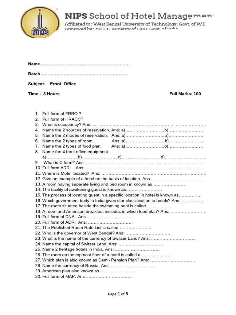 Front Office Exam Questions and Answers | PDF | Hotel | Resort
