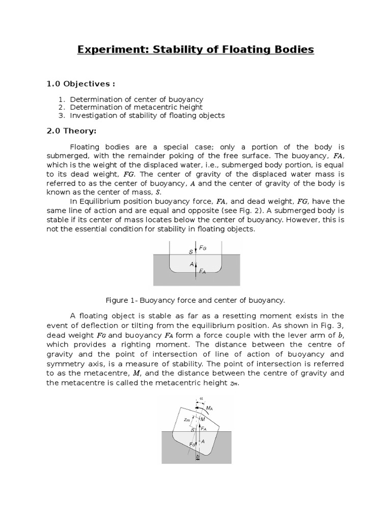 Stability and Metacentric Height Experiment | PDF | Buoyancy | Mass