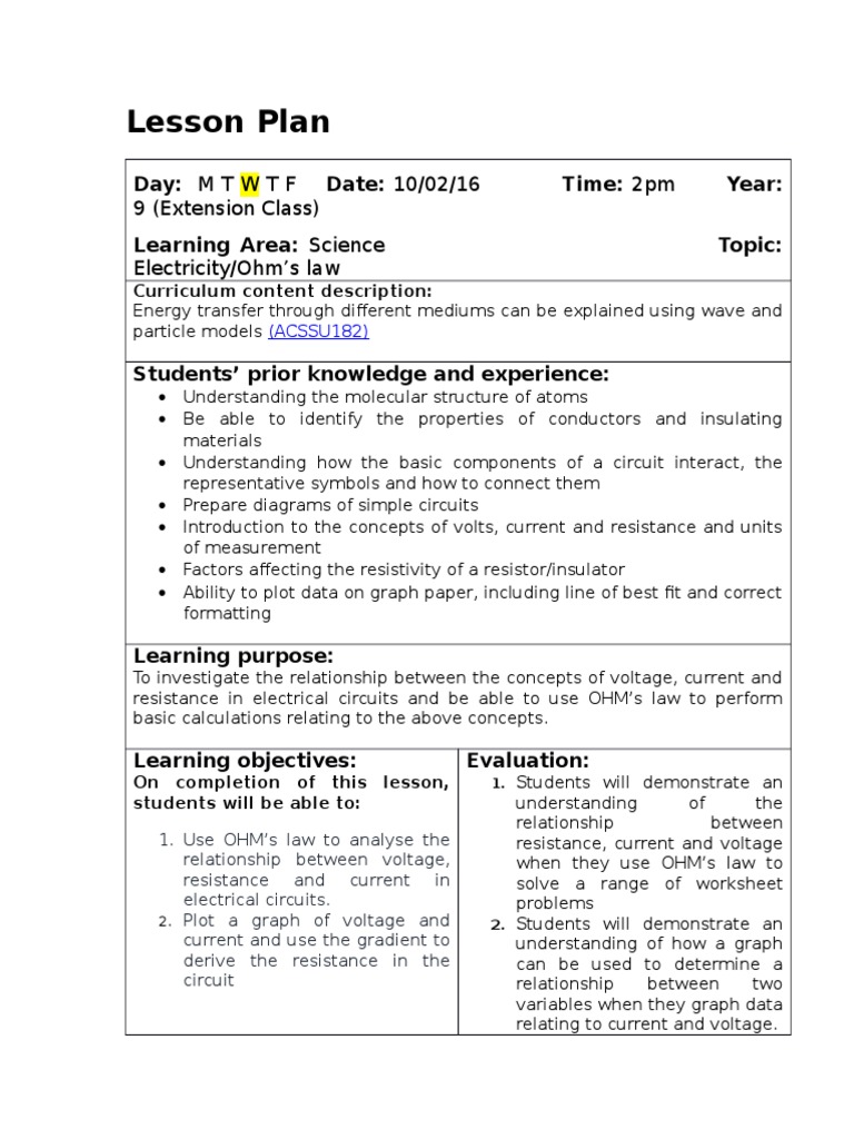 Ohm's Law Lesson Plan for Class 10 | PDF | Electrical Resistance And ...