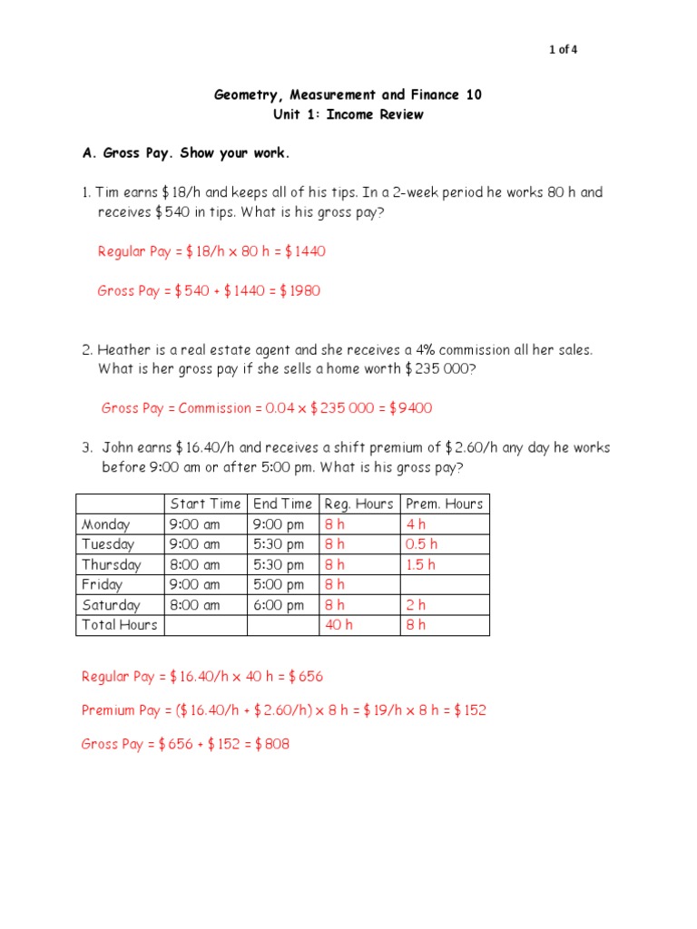 Gross Pay Calculation Examples | PDF | Piece Work | Overtime