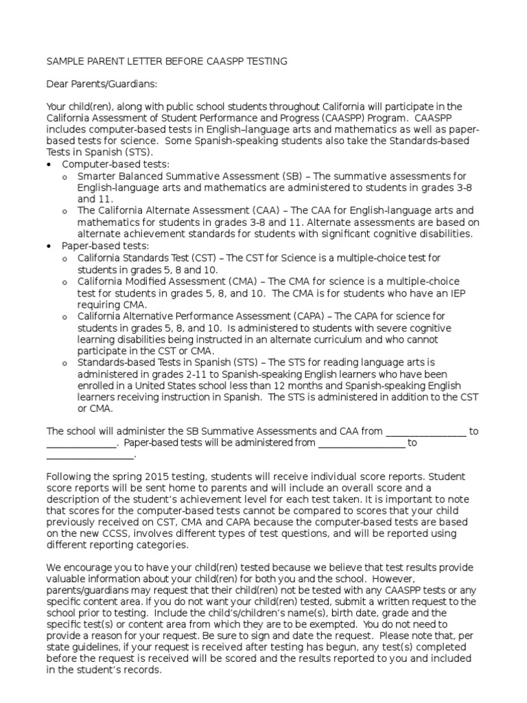 Opt-Out Letter for CAASPP Testing | PDF | Educational Assessment ...