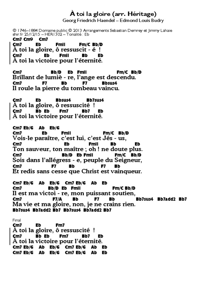 À Toi La Gloire - Arr. Héritage - Georg Friedrich Haendel - Edmond Louis Budry PDF | PDF
