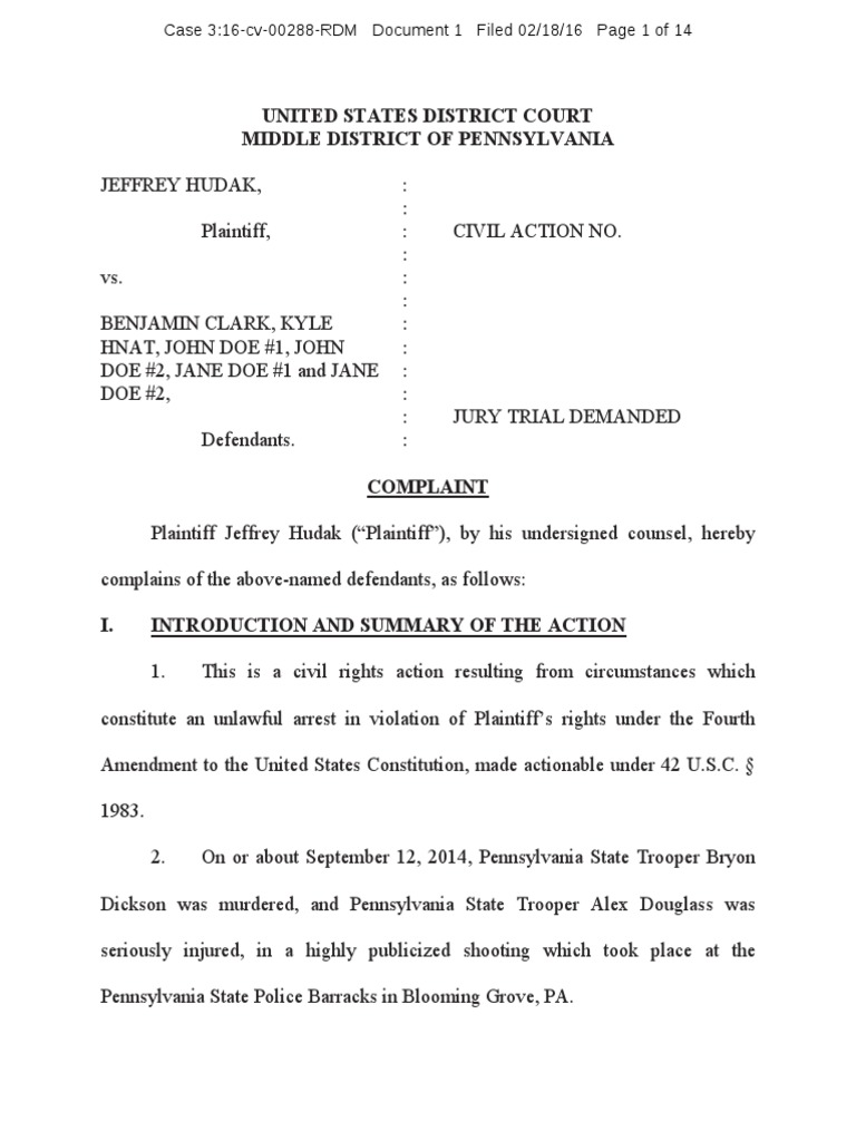 Jeffrey Hudak V State Police | PDF | Probable Cause | Arrest