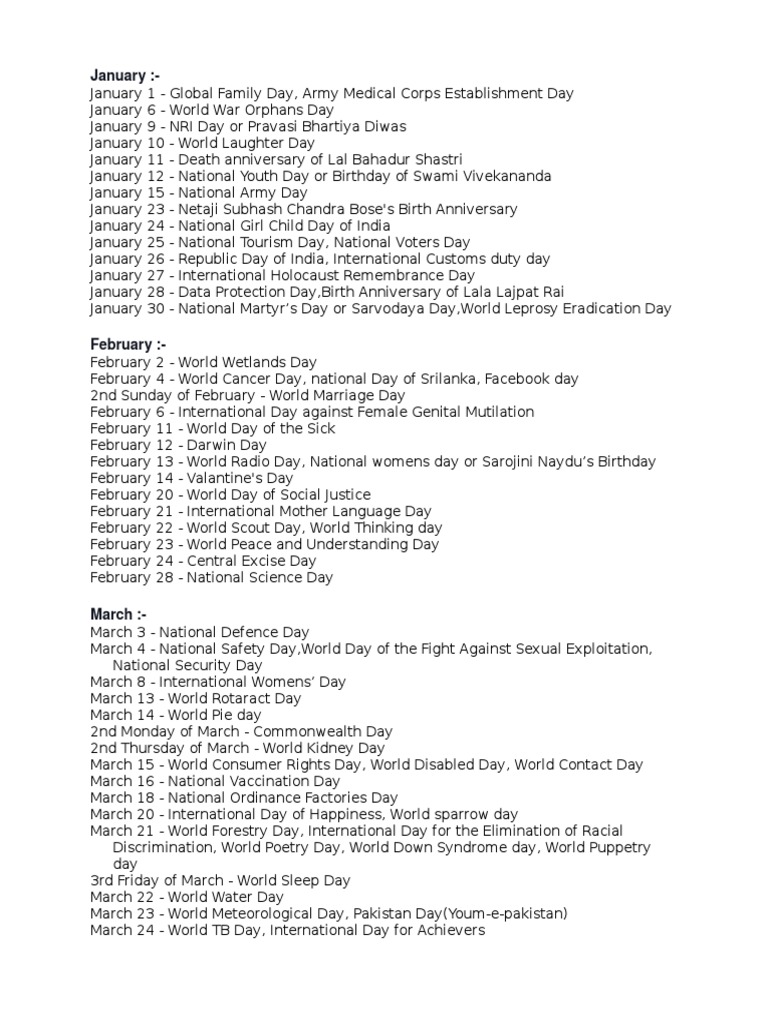 List of Important Days (National & Int'l - Incl. Those by UNO) | PDF ...