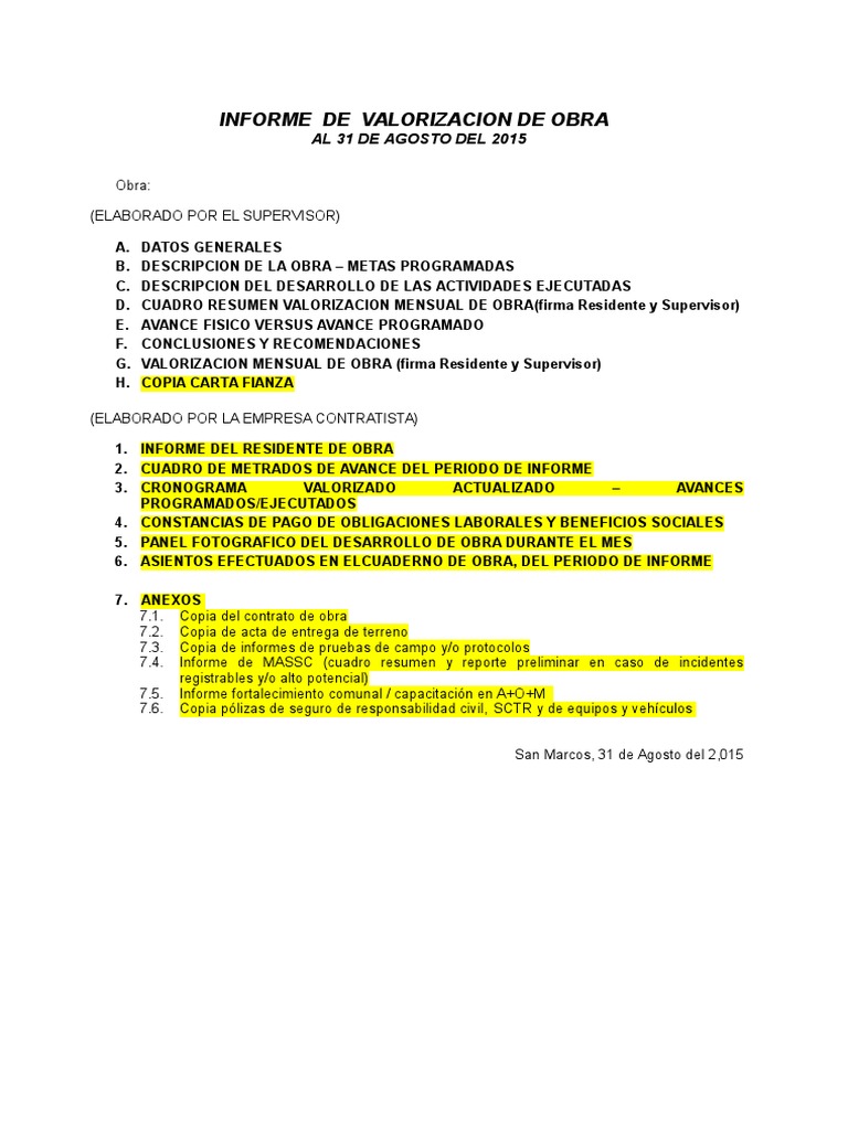 Plantilla Informe Mensual de Valorizacion de Obra