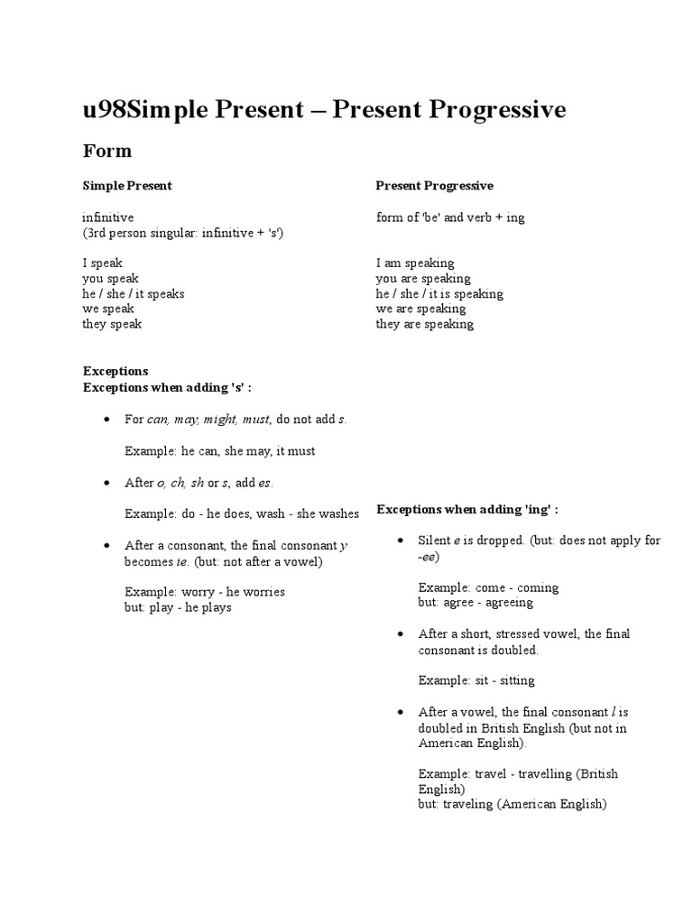 Present Simple Vs Present Progressive | PDF | Consonant | English Language