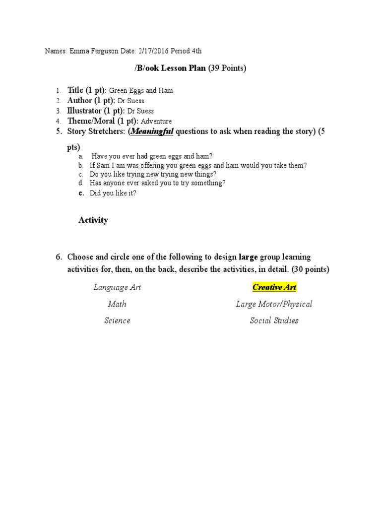 Green Eggs and Ham Lesson Plan | PDF