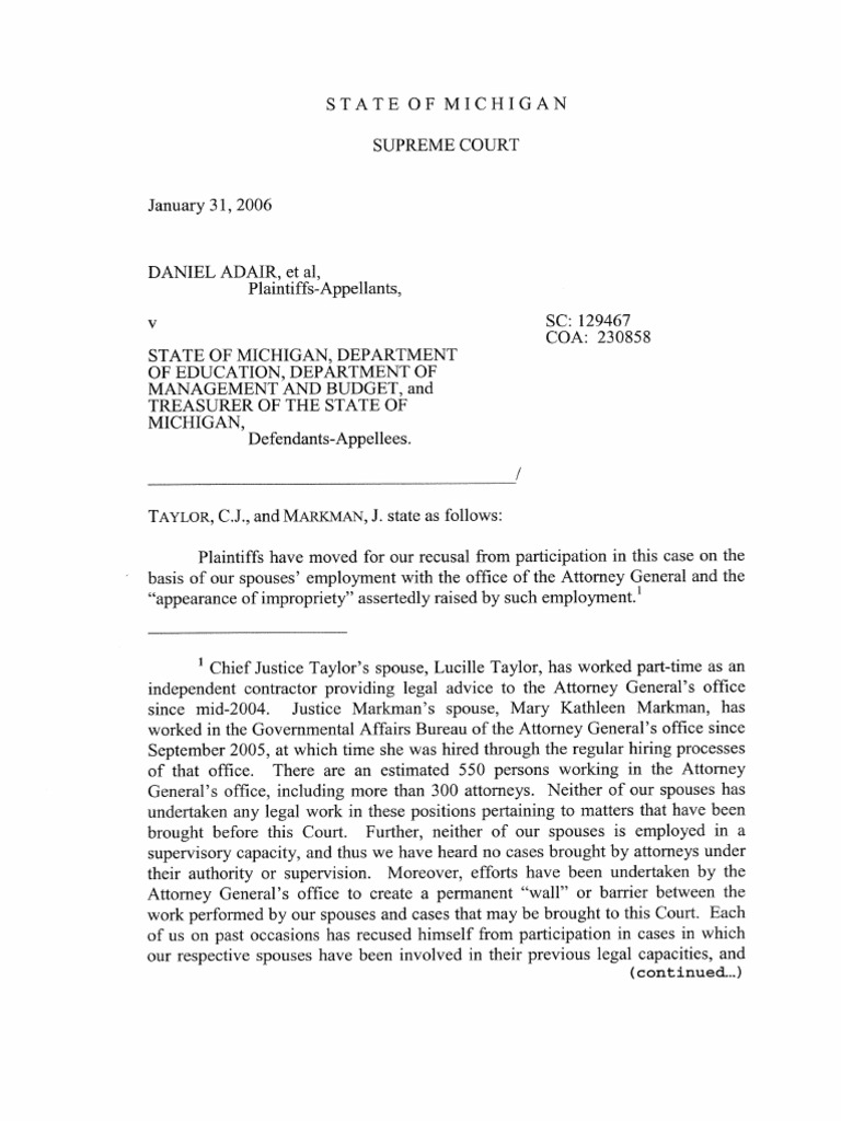 Michigan Judicial Disqualification Conflicts of Interest | PDF ...