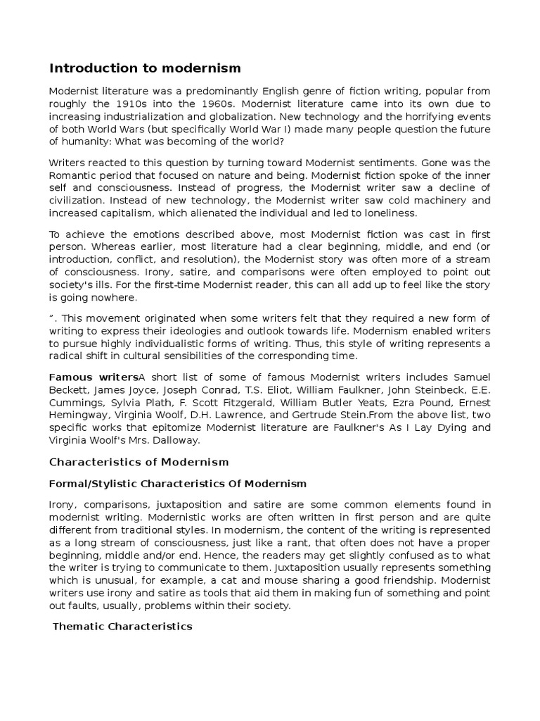 Characteristics of Modernist Literature | PDF | Literary Modernism ...