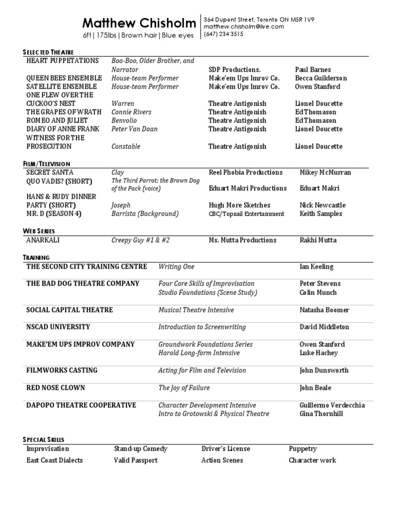 Matthew Chisholm - Actor Resume | PDF | Oral Literature | Theatre