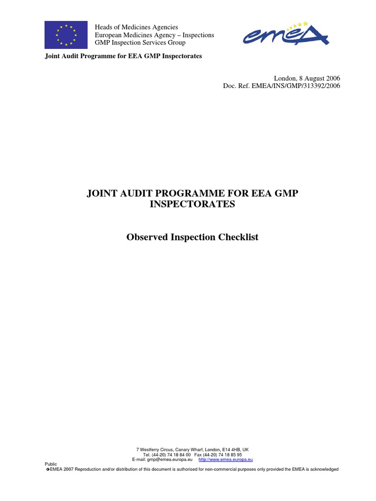 GDP Inspection Checklist EMA | PDF | Government | Accounting And Audit