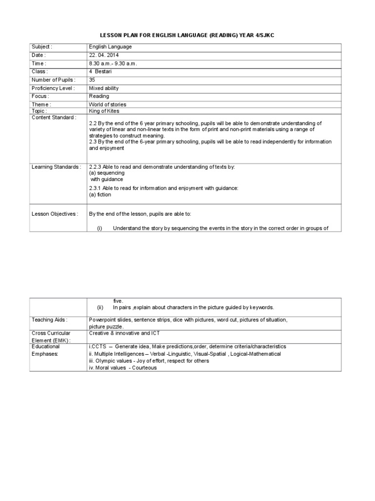 Lesson Plan For English Language (Reading) Year 4/Sjkc | Lesson Plan ...