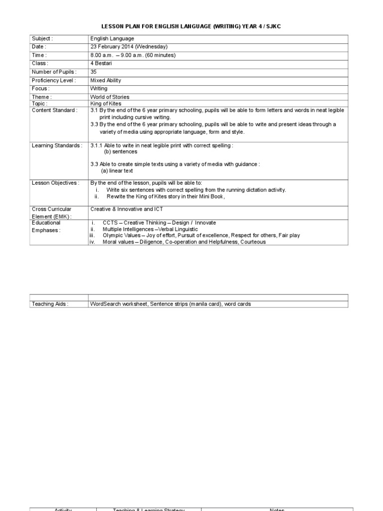 Lesson Plan For English Language (Writing) Year 4 / SJKC | Download ...