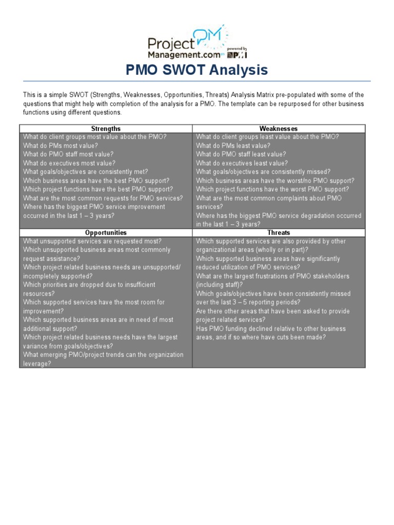 PMO SWOT Analysis: Strengths Weaknesses | PDF | Swot Analysis | Business