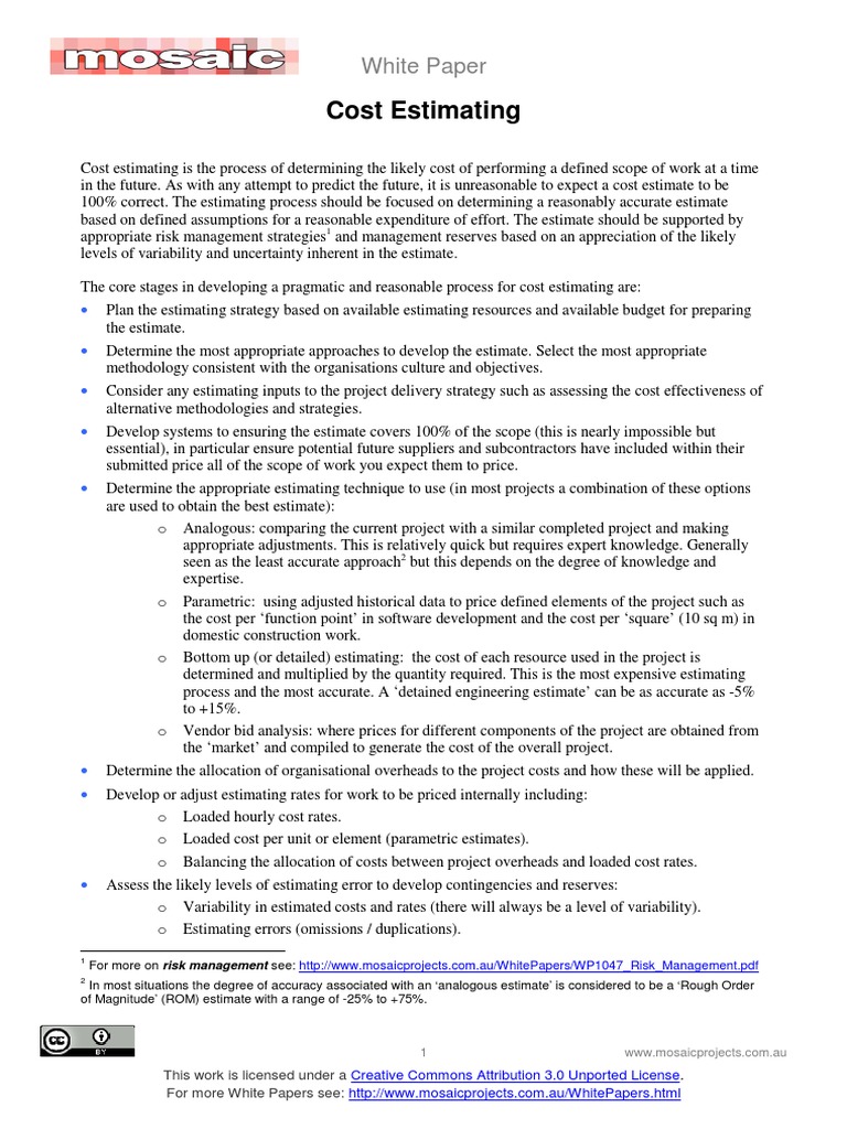Cost Estimating: White Paper | PDF | Risk | Strategic Management
