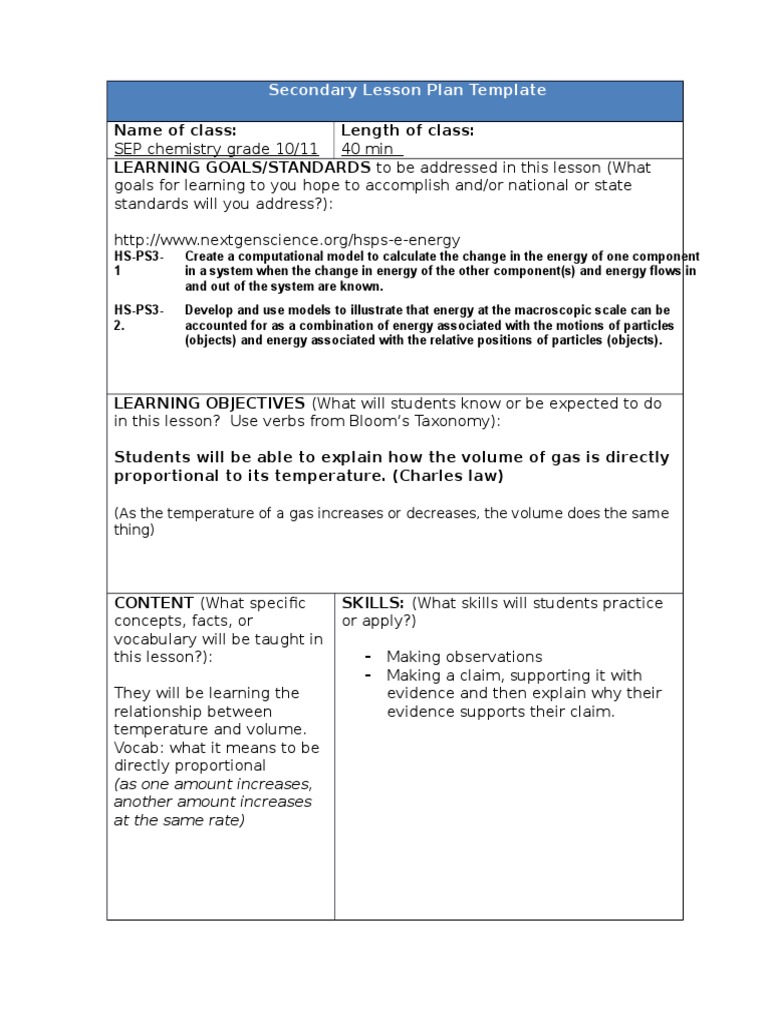 Lesson Plan 1 SEP Practicum-Brittany | PDF | Gases | Temperature