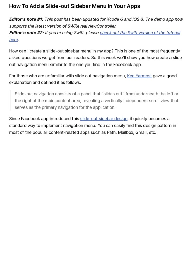 Create iOS Slide-out Sidebar Menu | PDF | Tag (Metadata) | Ios
