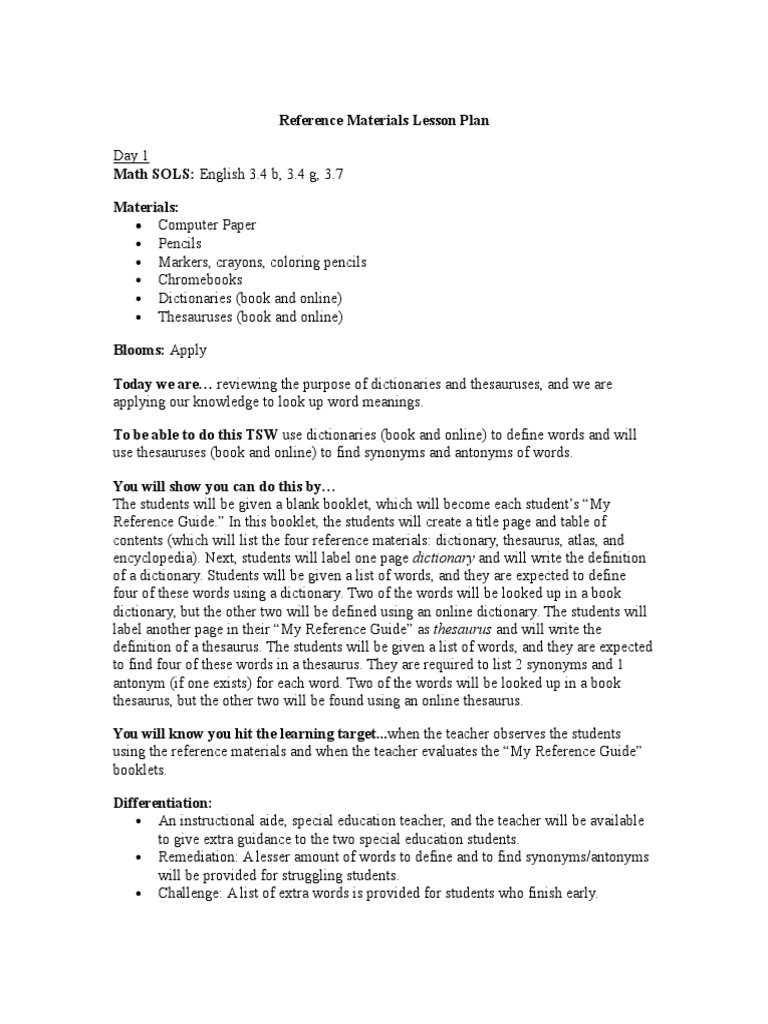 Reference Materials Lesson Plan | PDF | Encyclopedias | Dictionary