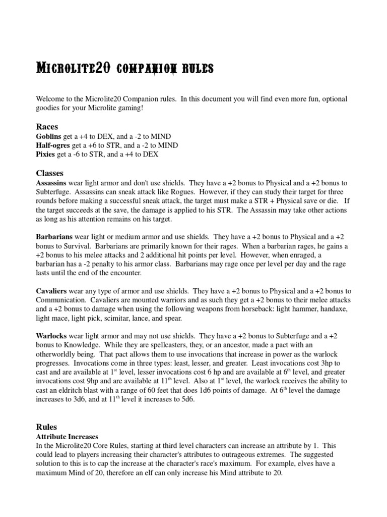 Microlite20 Companion Rules: Races | PDF | Magic (Paranormal) | Shield