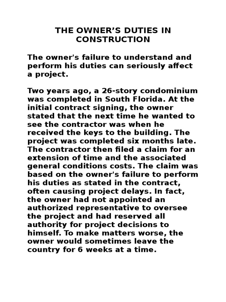 An Owner's Guide to Construction Project Duties: A Summary of Key ...