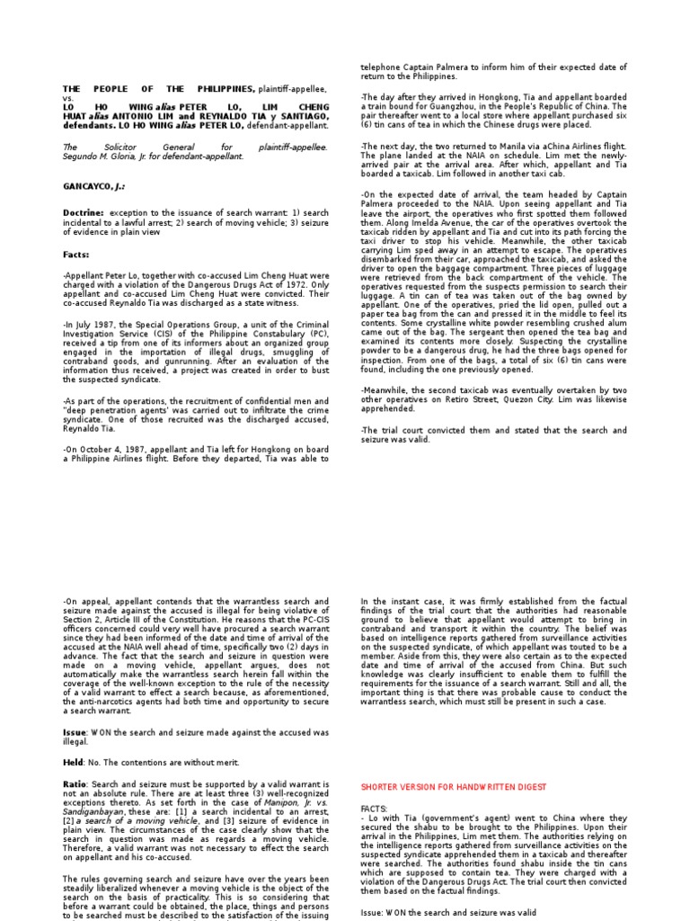 People V Lo Ho Wing | PDF | Search And Seizure | Search Warrant