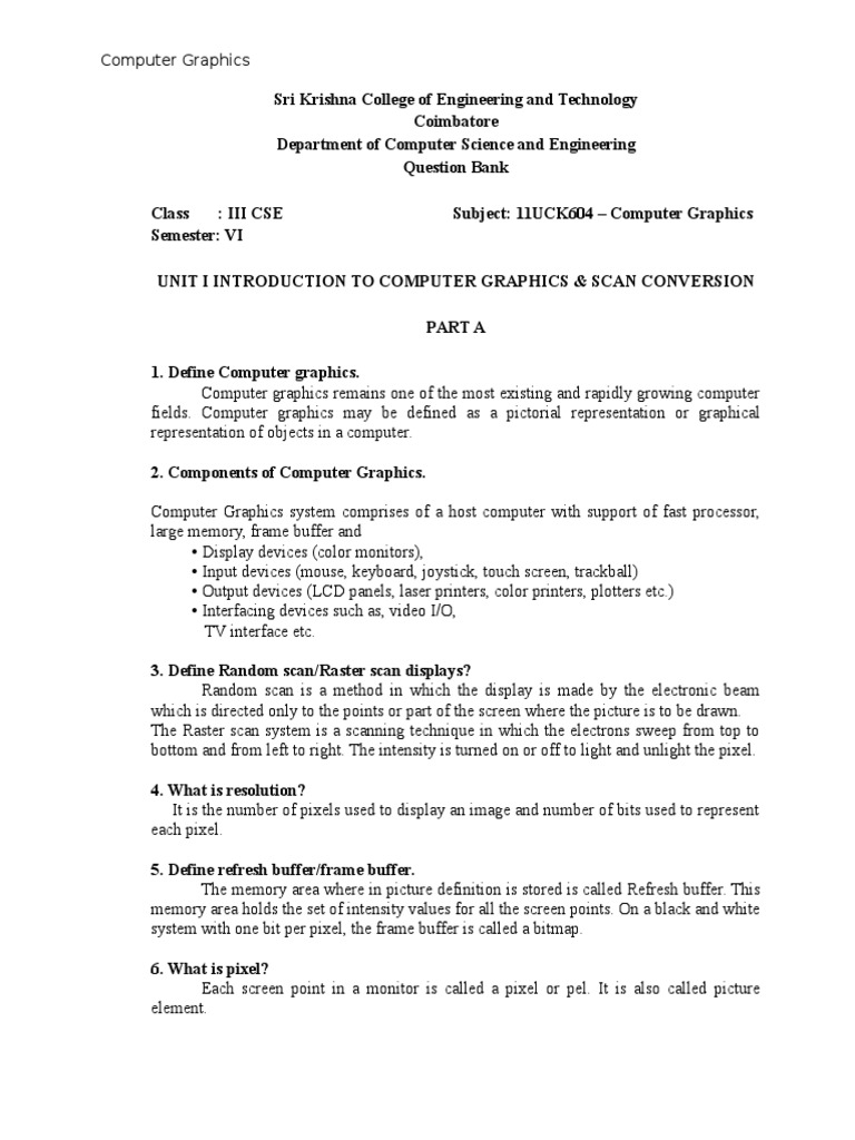 Computer Graphics Question Bank UNIT I | PDF | Pixel | Computer Graphics
