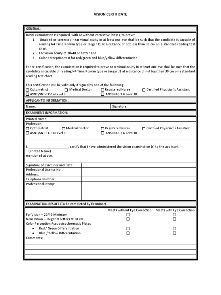 CSWIP Vision Certificate Form | PDF