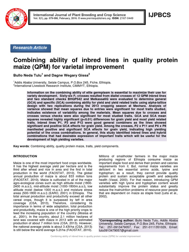 Combining Ability of Inbred Lines in Quality Protein Maize (QPM) For ...
