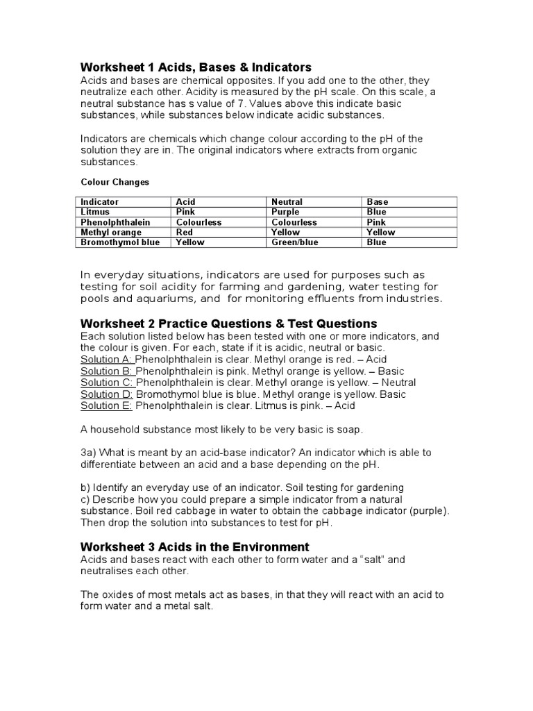 Worksheet 1 Acids, Bases & Indicators | PDF | Hydroxide | Acid
