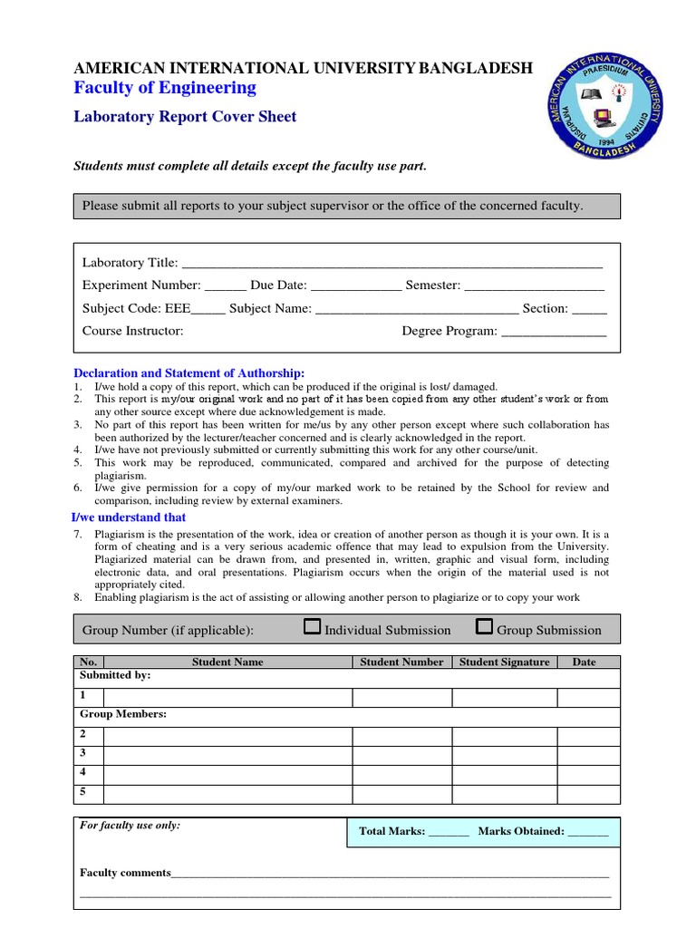 AIUB Lab Cover Sheet | PDF